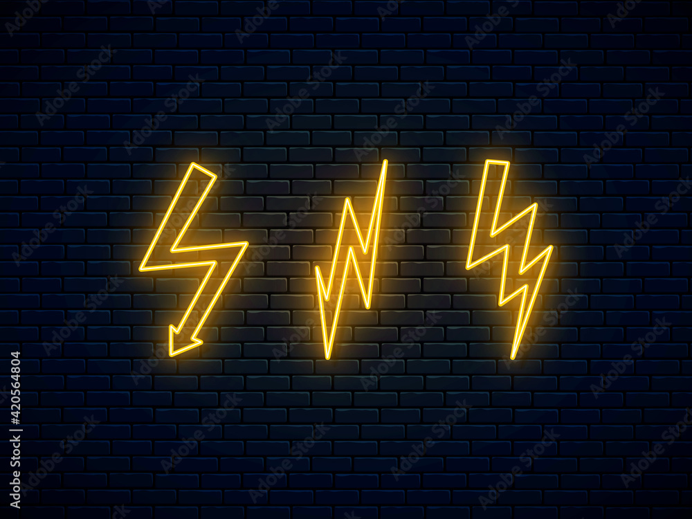 Neon lightning bolt set. High-voltage thunderbolt neon symbol. Banner ...