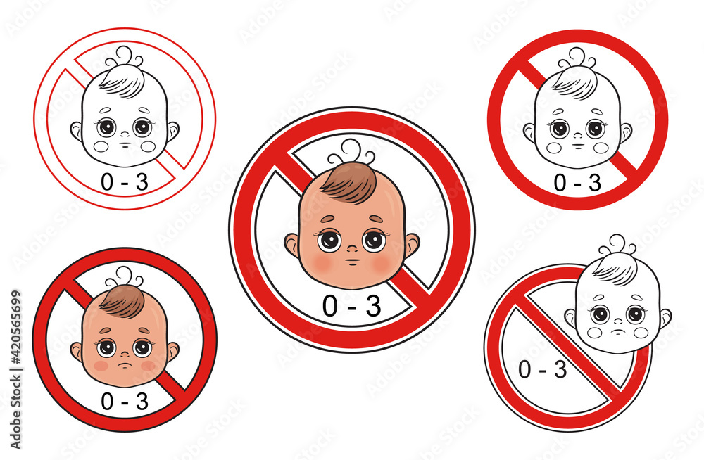 Not suitable for children from 0-3 year icons set. Little boy face with ...
