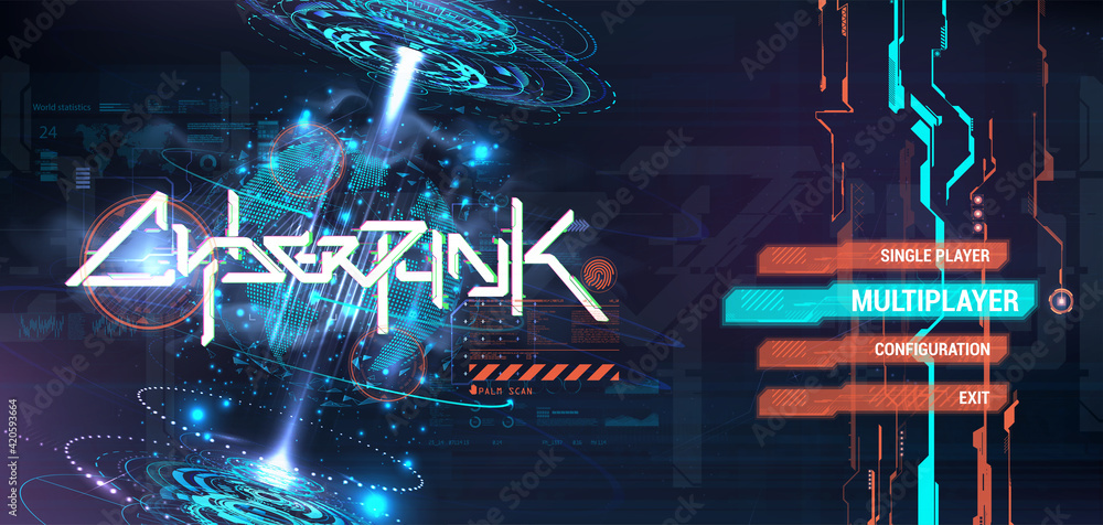Vetor de Cyberpunk menu UI. Hologram with 3D digital Earth Globe with ...