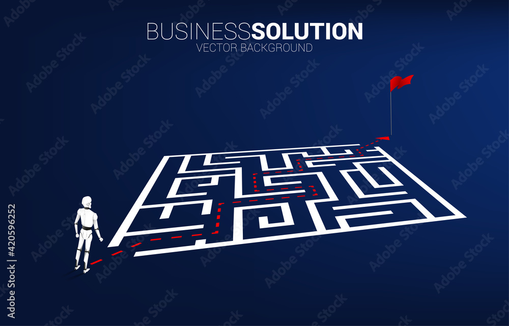 Robot standing on route path go around the maze to goal. A.I concept ...