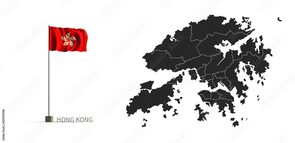 Hongkong map. gray country vector map, and flag 3d illustration. Stock ...