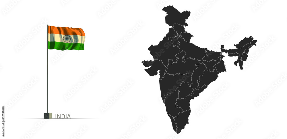 India map. gray country vector map, and flag 3d illustration. Stock ...