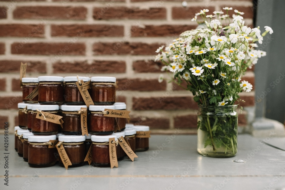 thank you jam gifts and daisies in a jar Stock Photo | Adobe Stock