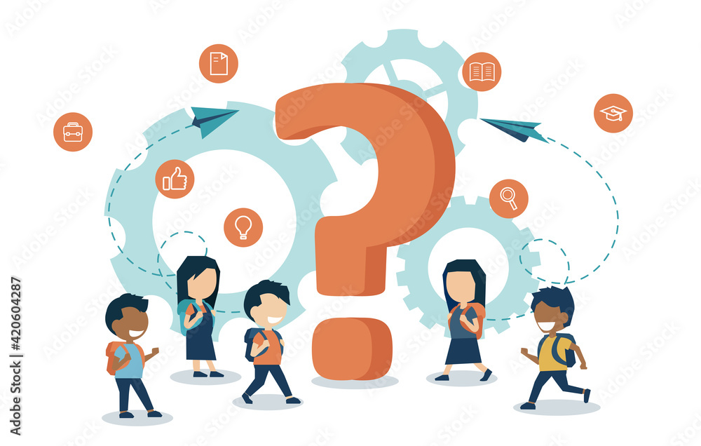 Vector of little kids standing around a big question mark Stock Vector ...