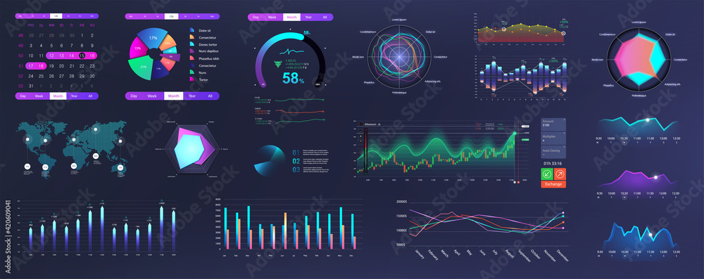 Modern Neon UI, UX and KIT elements interface with charts, graphics and ...