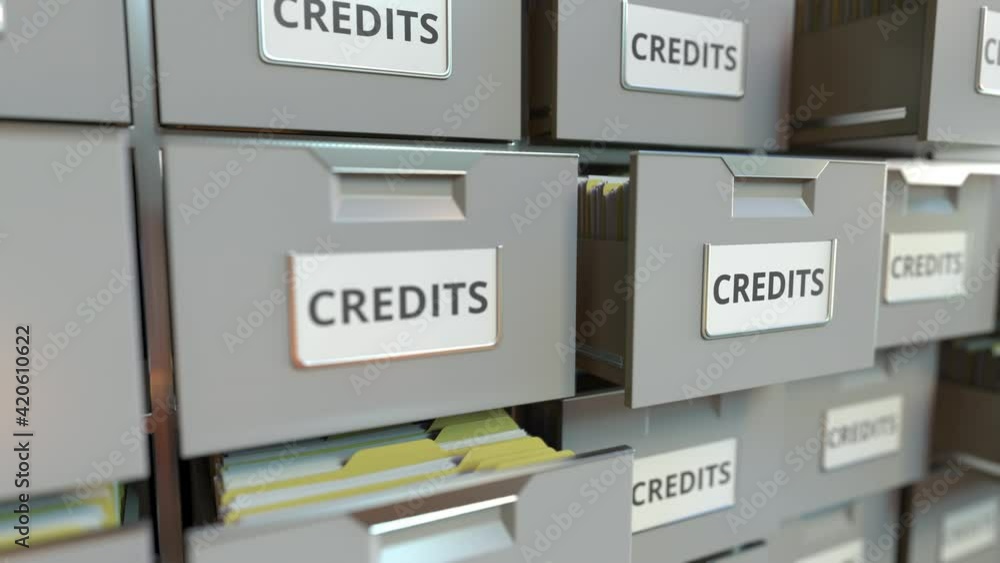 CREDITS text on the drawers of a file cabinet, looping 3d animation ...