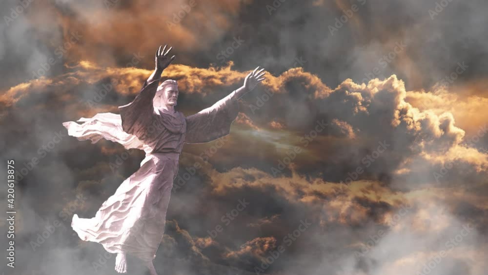 floating jesus statue against a backdrop of thunderstorms and lightning ...