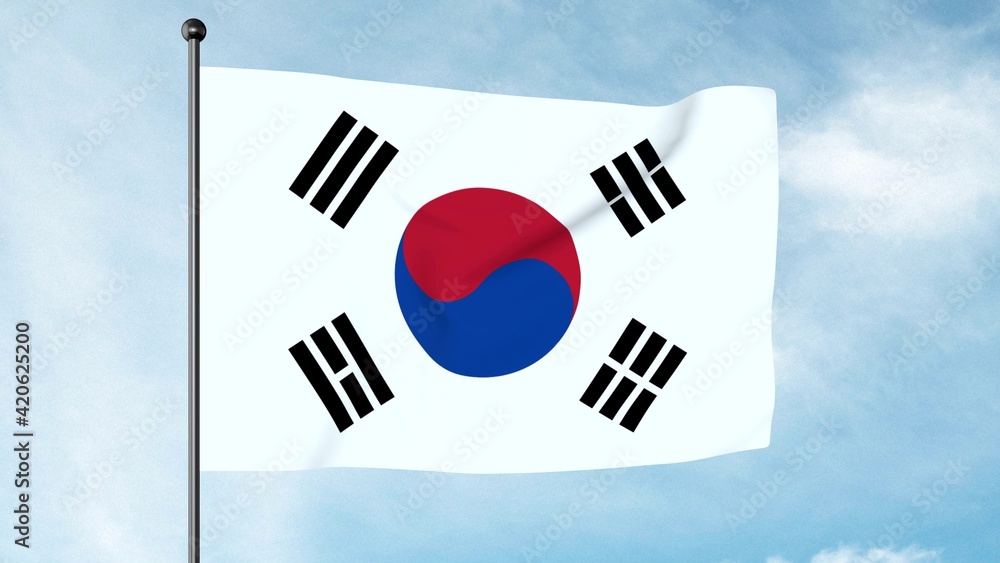 3D Illustration of The flag of South Korea, the Taegukgi, has three ...