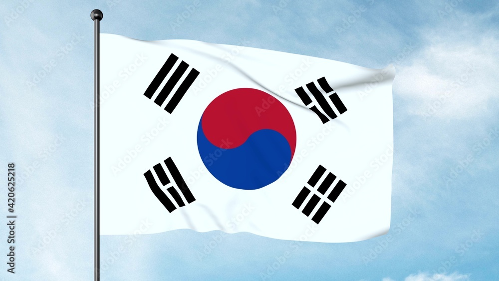 3D Illustration of The flag of South Korea, the Taegukgi, has three ...