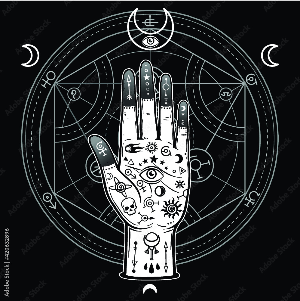 Human hand painted with magic symbols. Alchemical circle of ...