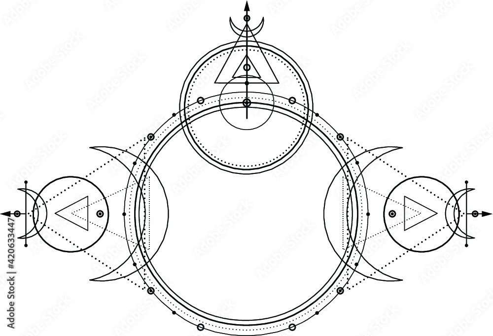 Mystical drawing: circles, triangles, moon, scheme of energy. Sacred ...