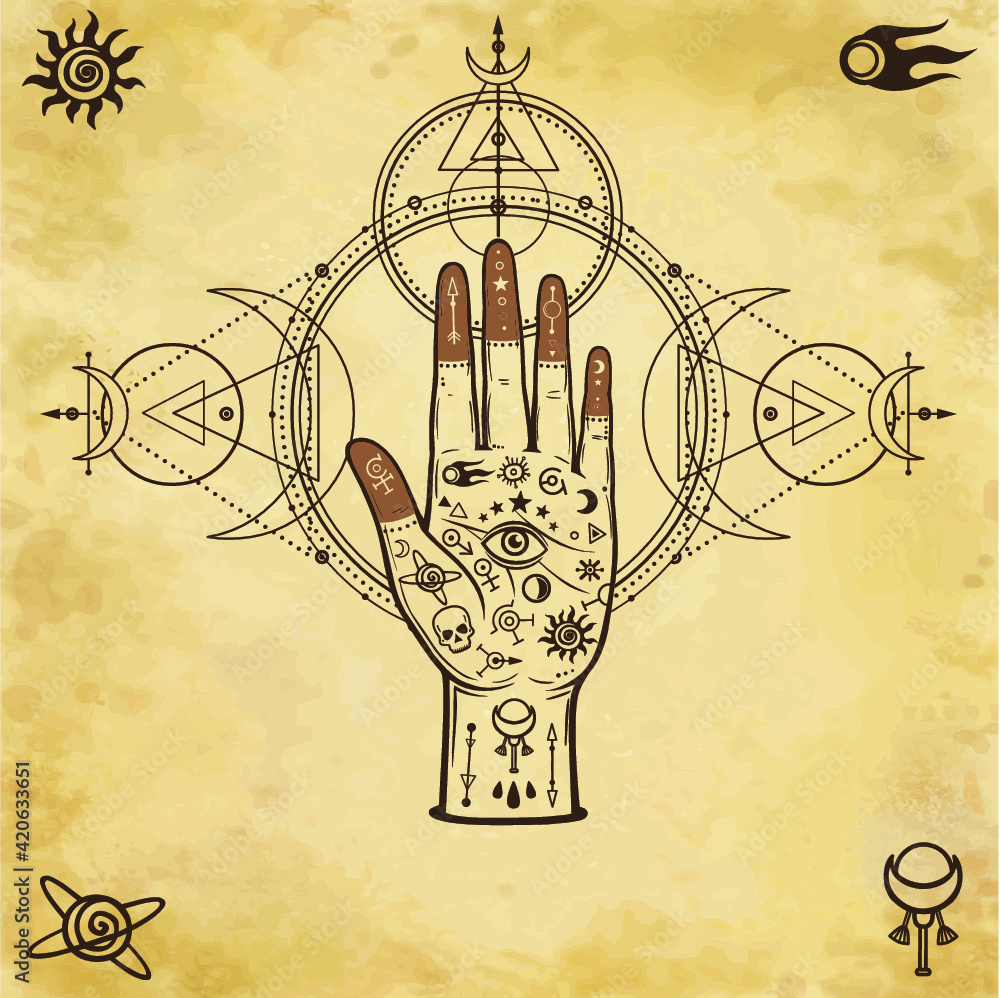 Mystical drawing: human hand, Sacred geometry, omniscience eye. Space ...