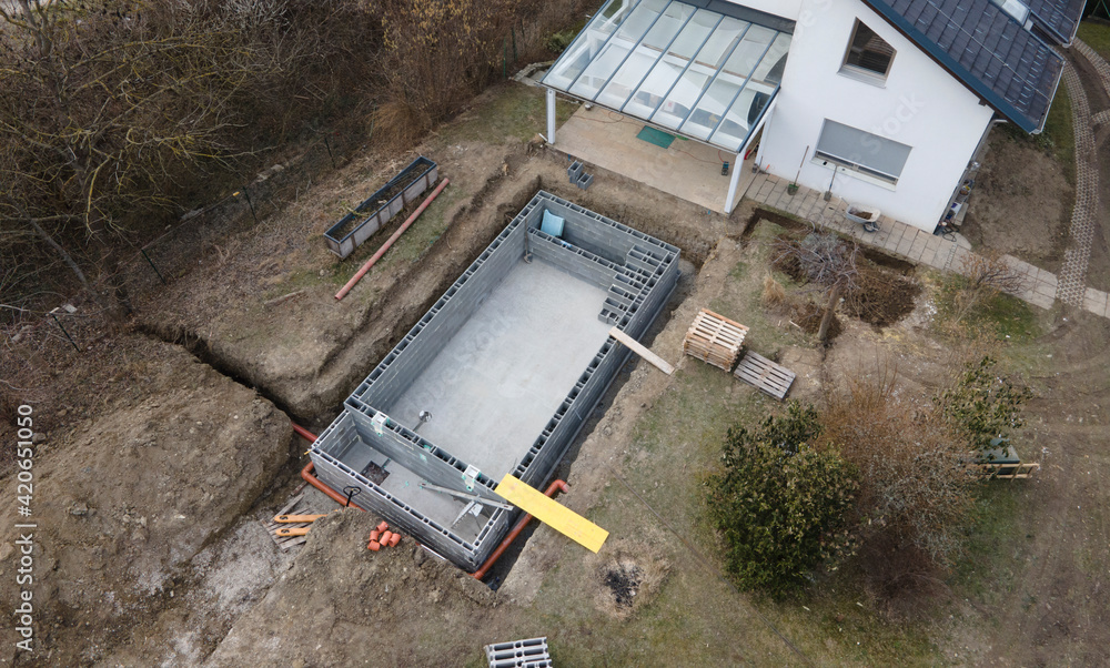 Drones aerial photo of a construction site of a pool, formwork concrete ...
