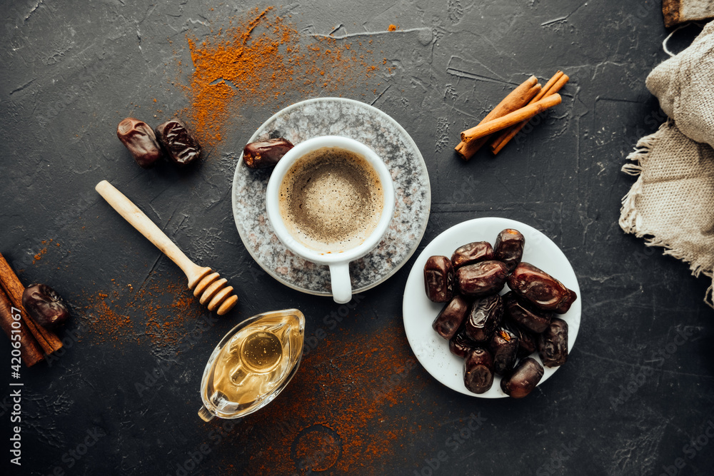 Eid al-Adha. freshly brewed coffee, dried dates, cinnamon sticks, honey ...
