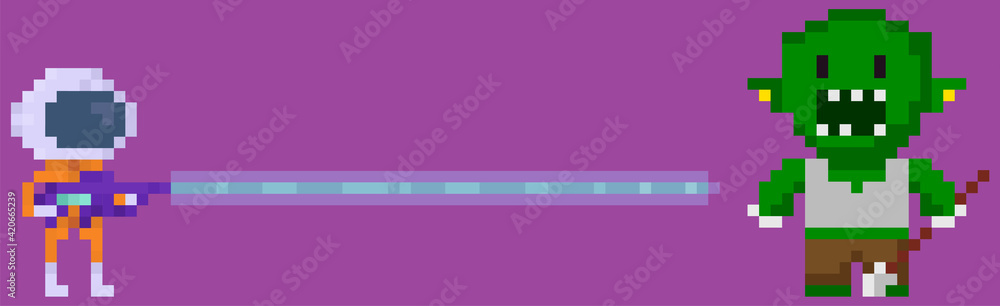 Man standing with blaster in his hands and shooting laser at zombie ...