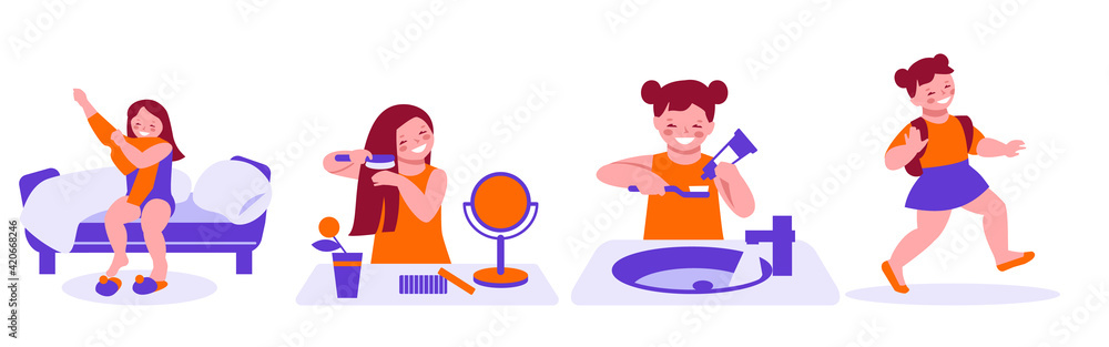 The daily morning routine of a little girl, she wakes up, combes her ...