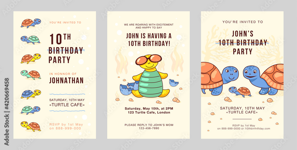 Trendy party invitation designs with funny turtles. Stylish birthday ...