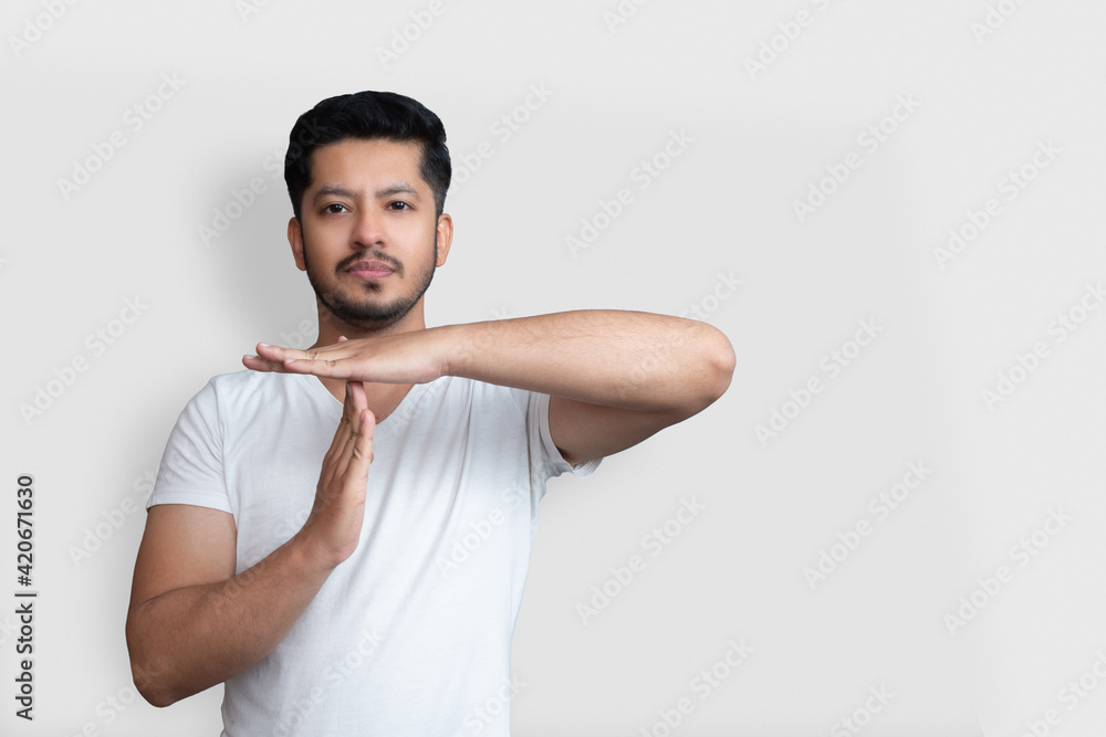 Close up photo of amazing young age hand palm arm raised air time out ...