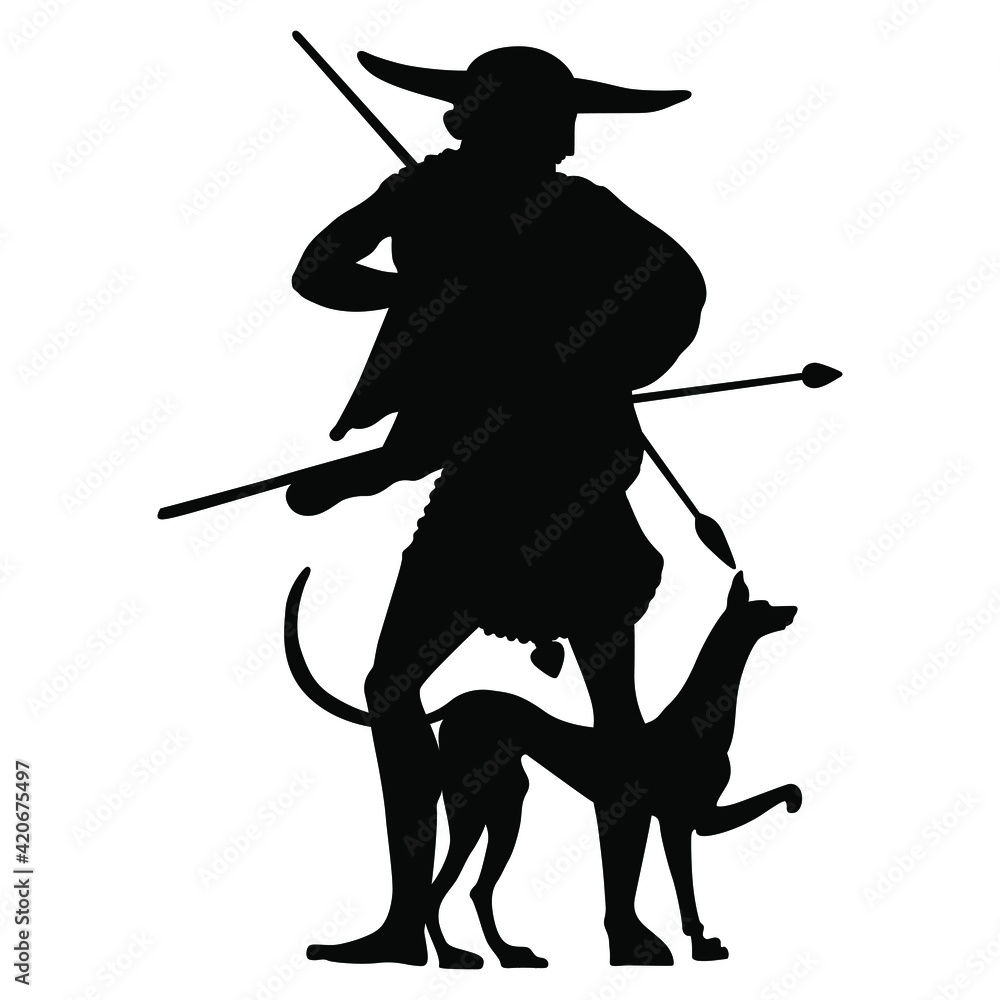 Ancient Greek hunter in a hat holding weapon with his dog. Black ...