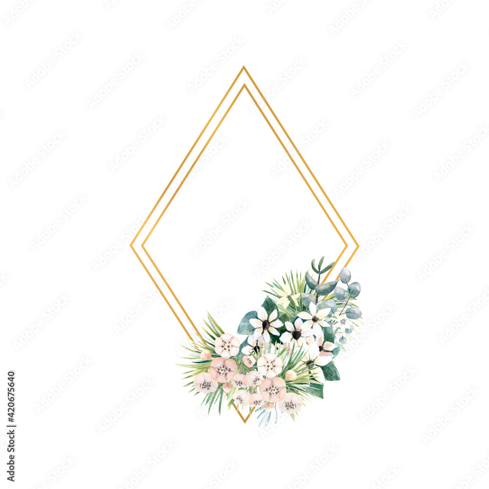 Diamond-shaped gold frame with small flowers of actinidia, bouvardia ...