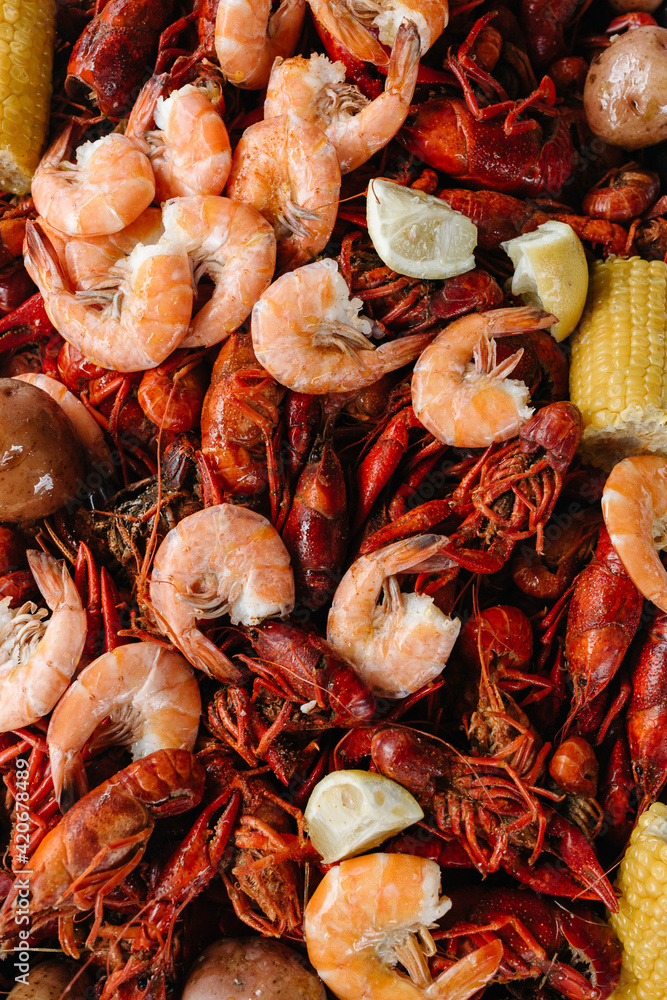 Crawfish / Crayfish and boiled shrimp and corn Stock Photo | Adobe Stock