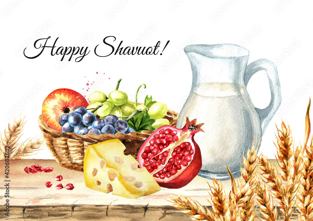 Shavuot card. Wheat, milk, dairy products, fruits. Symbol of Jewish ...