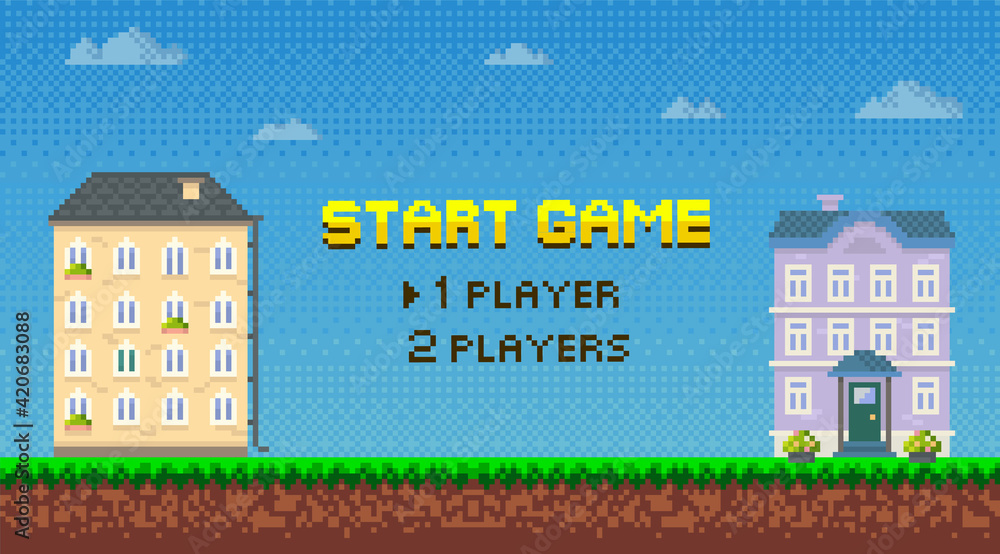 Start for players pixel game with houses and green grass along urban ...