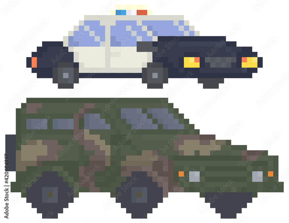 Modern army truck and police car for pixel-game design. Military ...