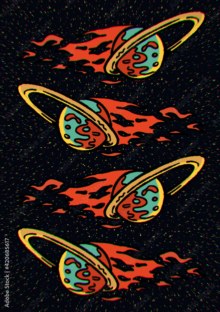 Saturn On Fire Flying In The Universe Stock Illustration | Adobe Stock