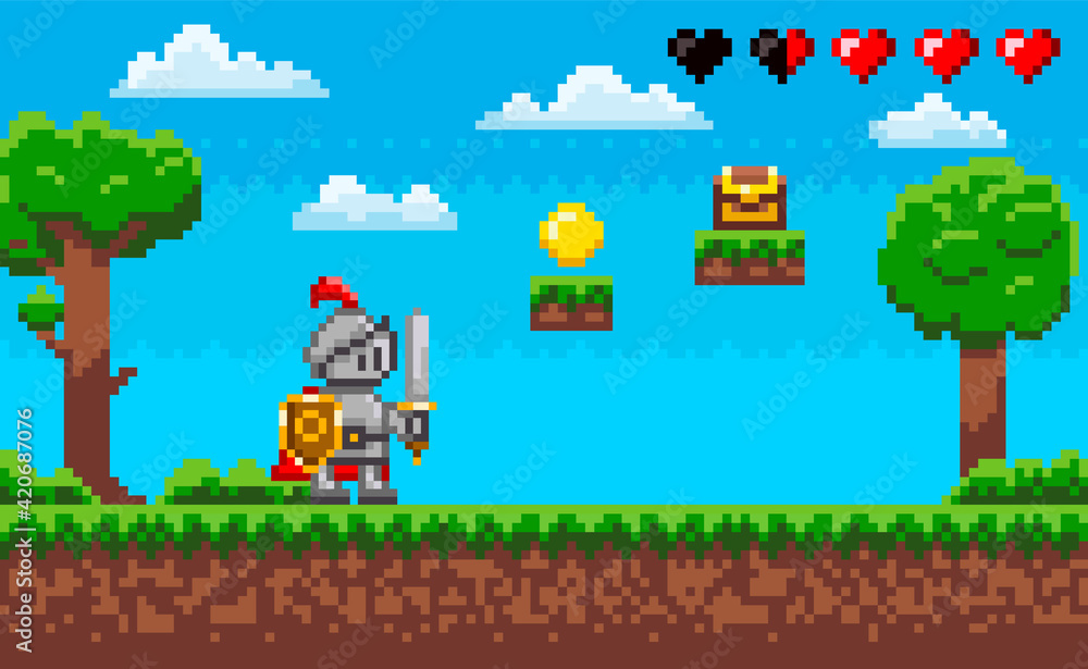 Pixel-game knight brave character. Pixelated natural landscape with ...