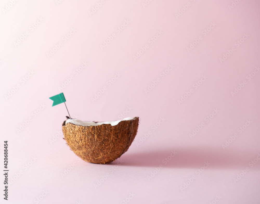 Tropical beach concept made of coconut and green flags. Creative ...