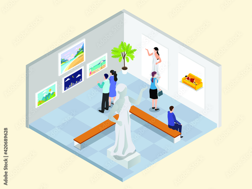 People looking at picture and statue in modern art gallery. Isometric ...