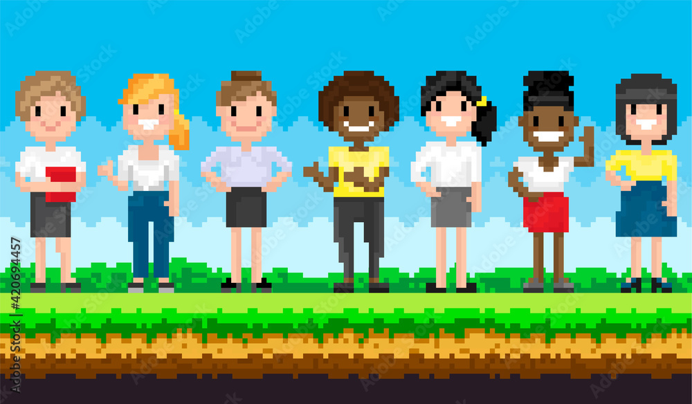 Pixel female characters for pixel-game stand against background of ...