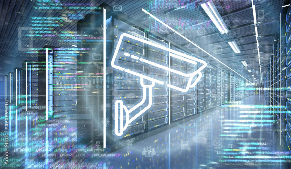 CCTV security camera icon in a Server room data center - 3d rendering ...