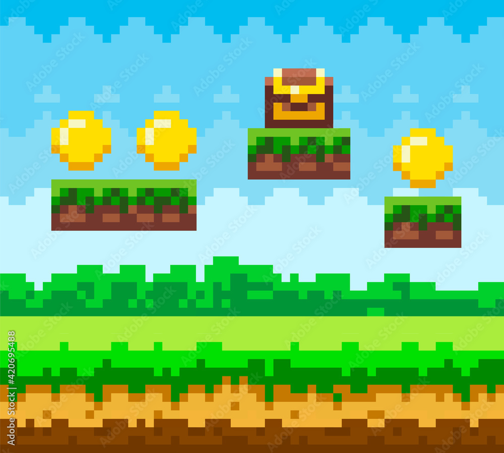 Pixel-game background with coins in sky. Pixel art game scene with ...