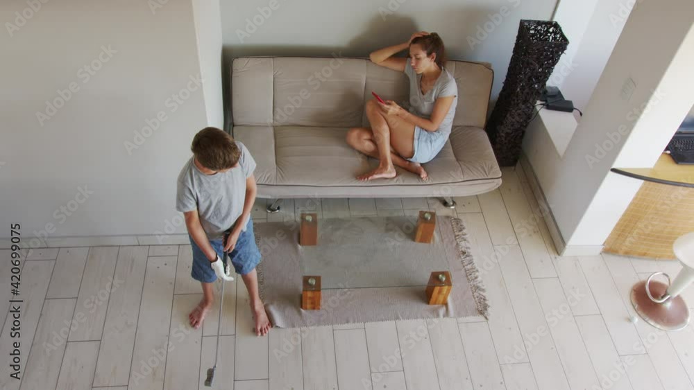 Self-isolation family life. Top view mother with son on self-isolation ...