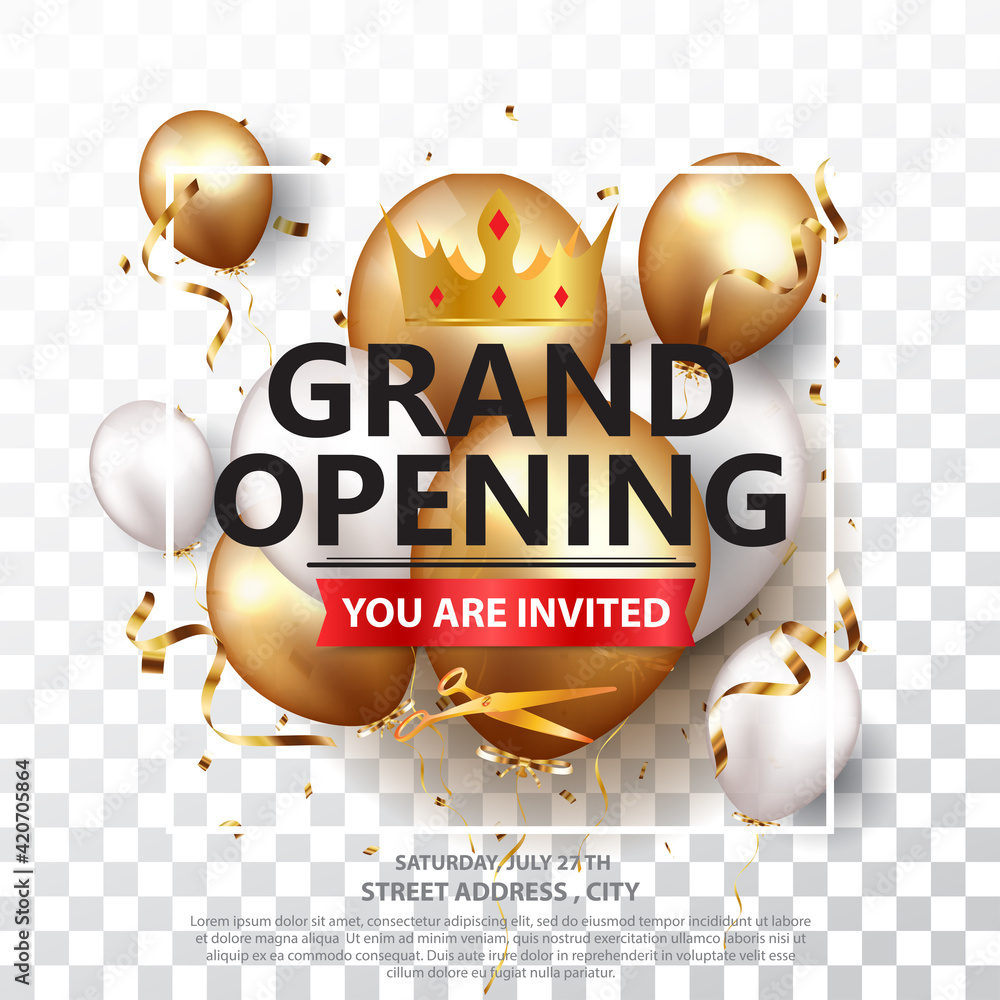 Grand opening card design with gold and red ribbon with confetti Stock ...