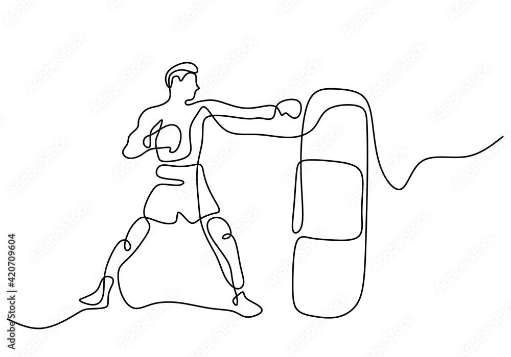 One continuous line drawing of young sporty man boxer hit the punching ...