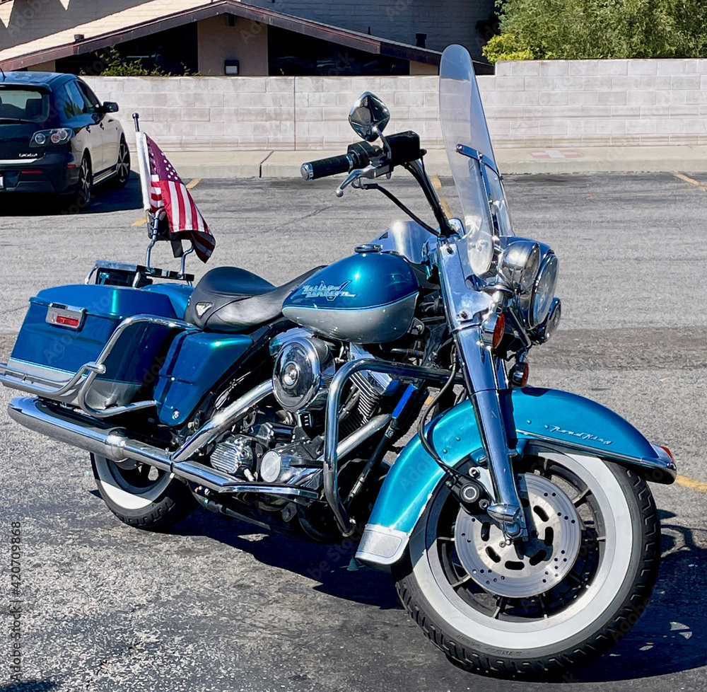 FRESNO, UNITED STATES - Mar 01, 2021: A Blue Harley Davidson Road King ...
