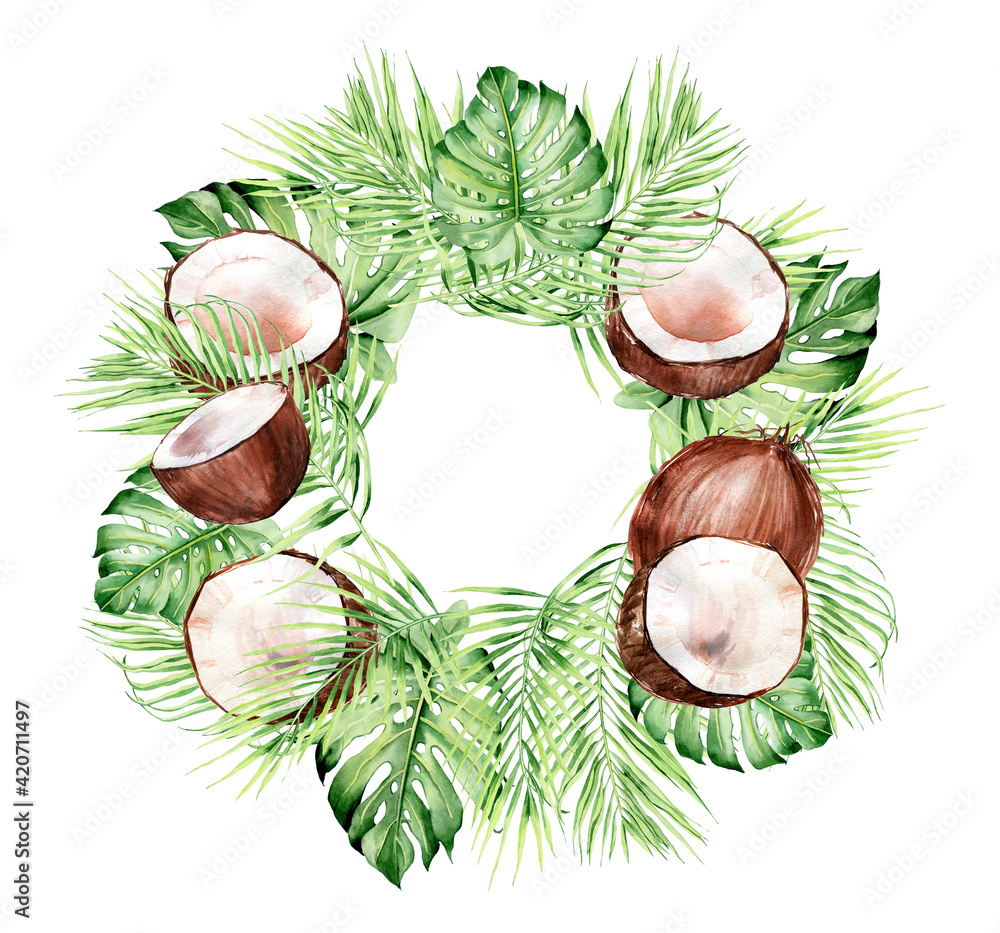 Coconut palm watercolor frame clipart, Modern tropical clipart coconut ...