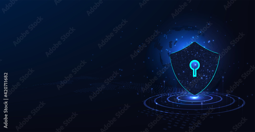 Cyber security design concept.Shield symbol on dark blue background ...