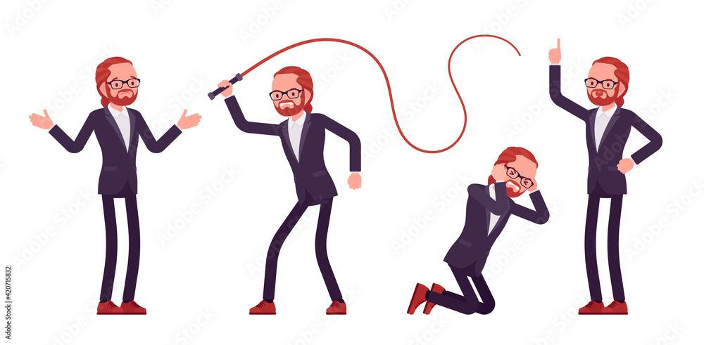 Businessman, young red haired office worker in emotions with whip ...