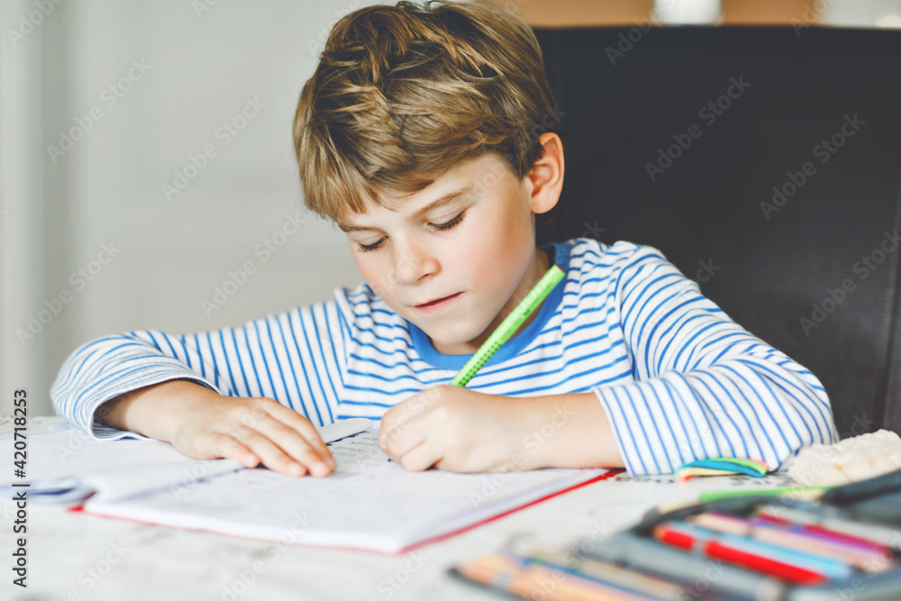 Portrait of cute healthy happy school kid boy at home making homework ...