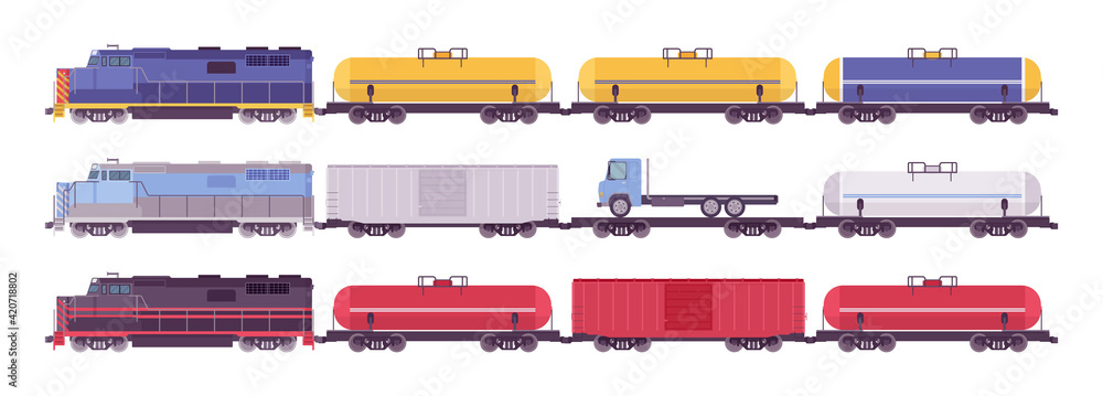 Rail Freight colorful train, cargo or goods industrial set. Powerful ...