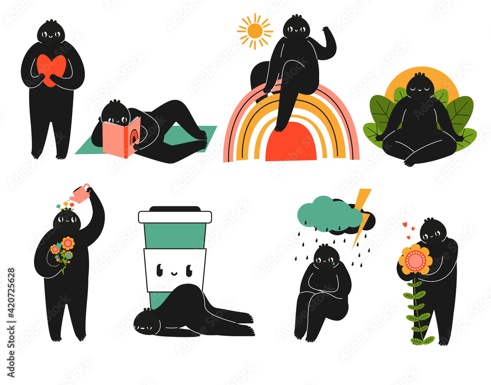 Collection of cartoon funny creatures in different poses. Staes of mind ...