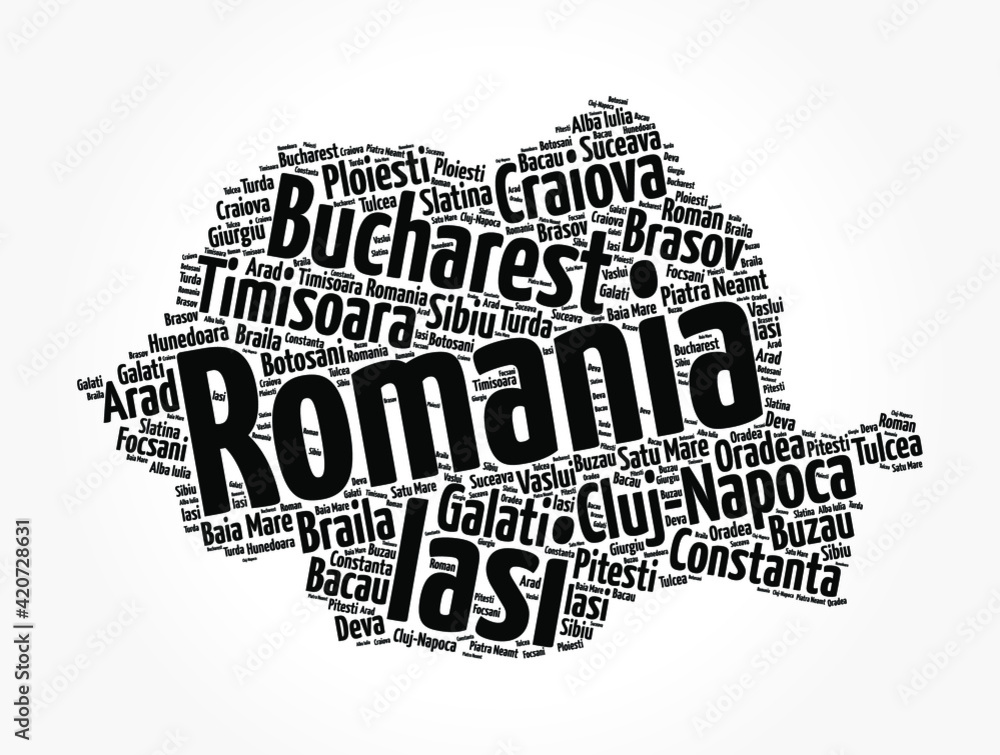 List of cities and towns in Romania, map word cloud collage, business ...