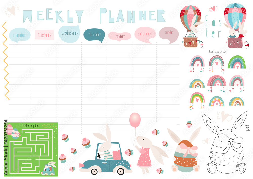 Easter weekly planner with cute Easter bunny in cartoon style. Kids ...