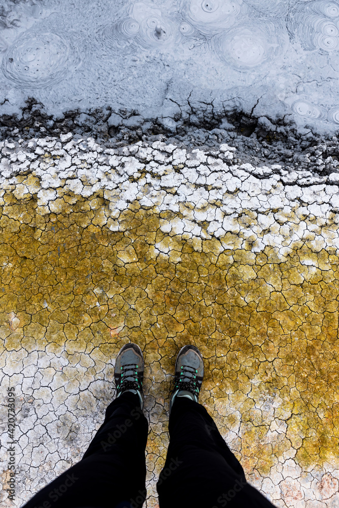 Feet stepping cracks on a volcanic dry ground Stock Photo | Adobe Stock