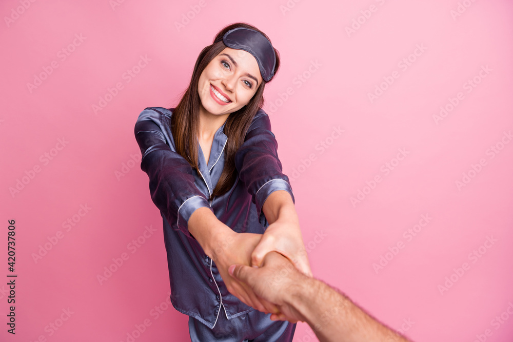 First point view photo portrait of flirty woman grabbing your arm with ...