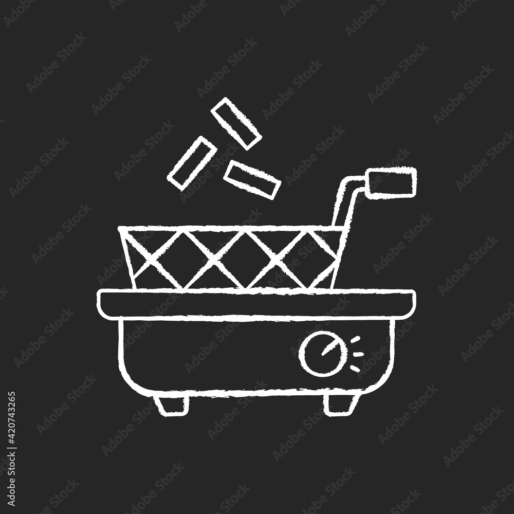 Deep fryer chalk white icon on black background. Preparing french fries ...